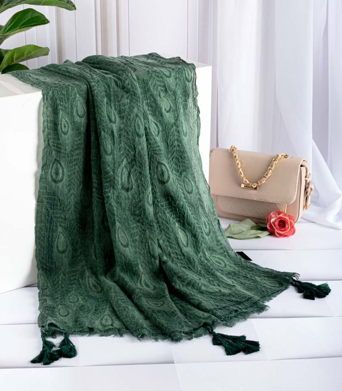 شال سبز ساده نخی بهاره تابستانی شیک جدید دخترانه با قیمت مناسب